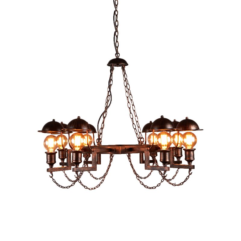 Metal Ring Hanging Lamp with Half-Globe Shade 8 Heads Antique Chandeli