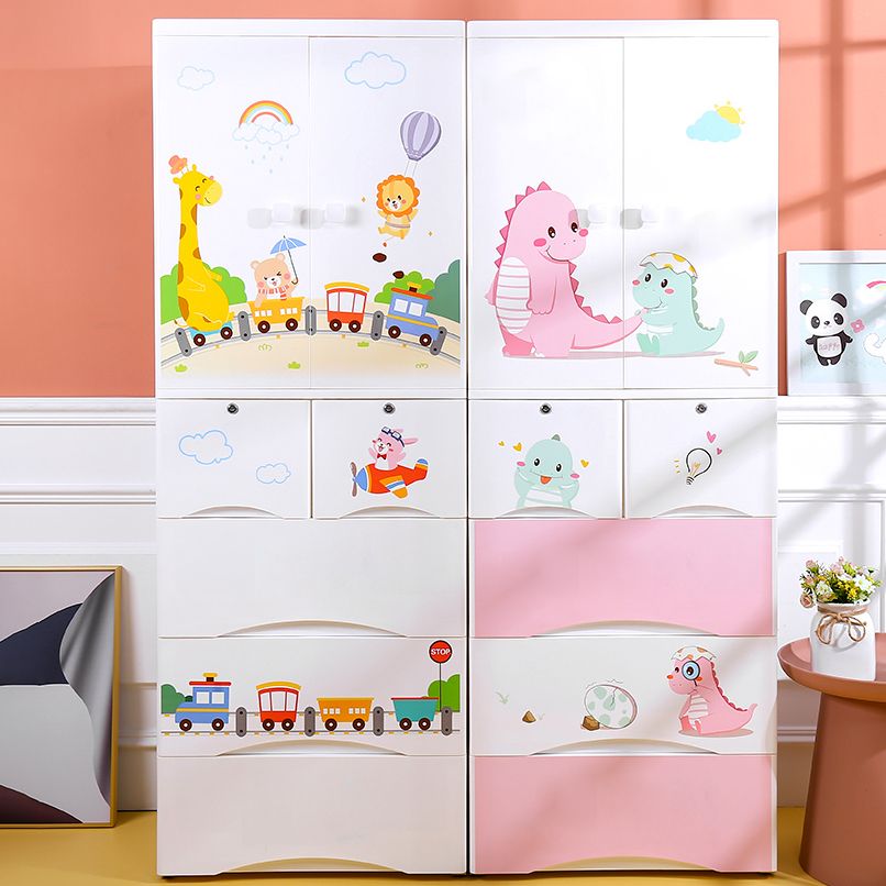 White Plastic Hanging Clothes Rack Glossy Closet with Lower Storage Dr