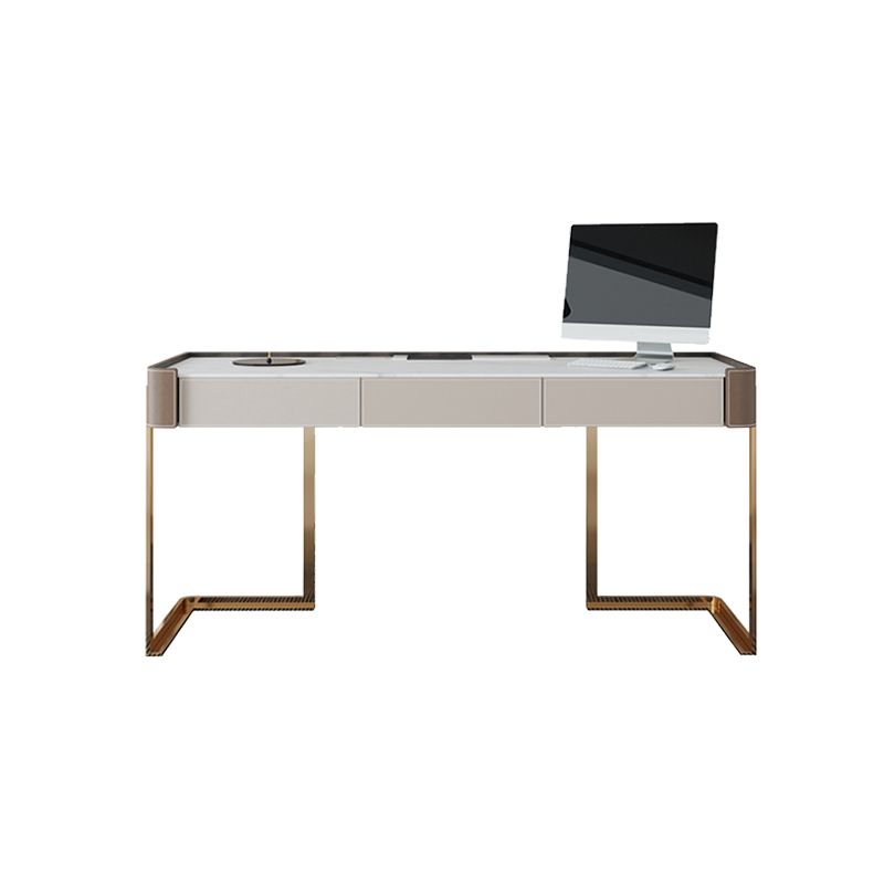 Rectangle Stone Top Office Desk Glam Style Writing Desk with Metal Bas