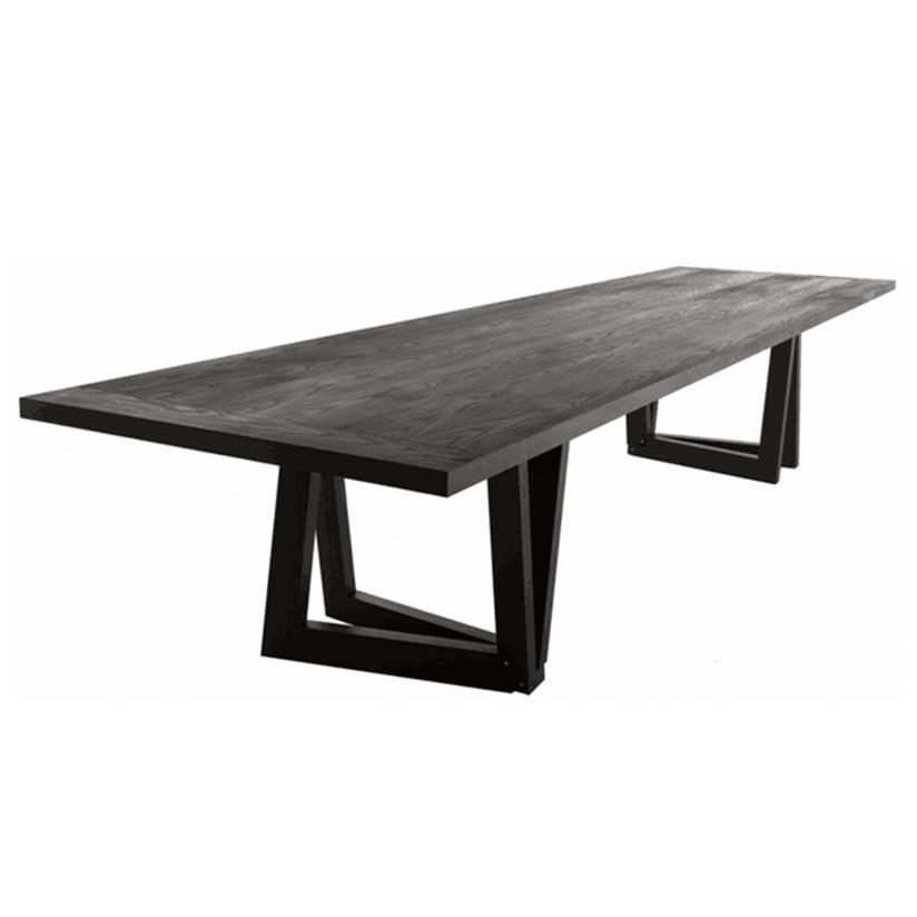 Modern Black Rectangle Dining Table Solid Wood Top Iron Base Table