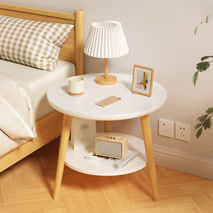 Round Modern Nightstand Imitation Wood Open Storage Night Table with L