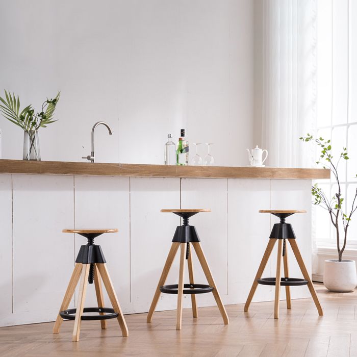 Contemporary Adjustable Height Bar Stool Rubberwood Solid Wood Bar Sto