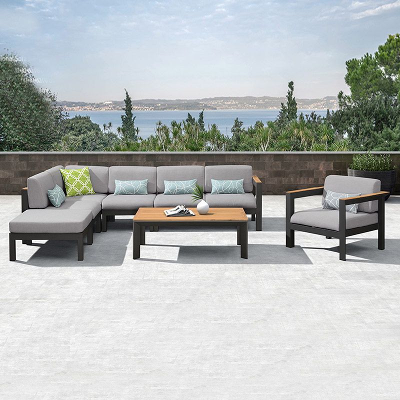 Modern & Contemporary Patio Sofa Wood With Cushions Fabric Teak Black
