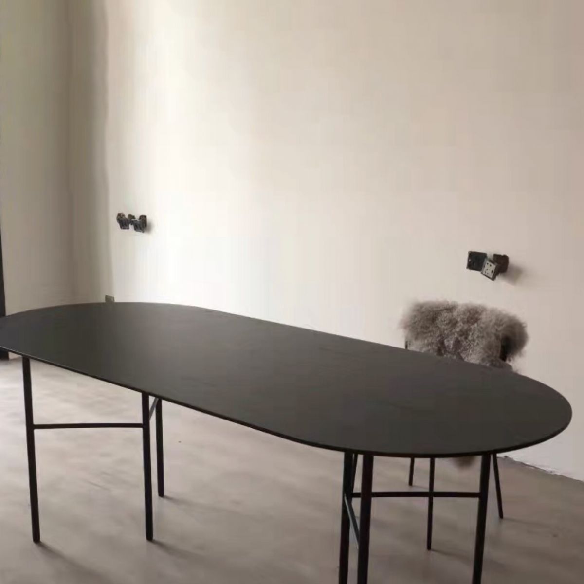 Oval Shape Minimalist Dining Table Wood Color Fixed Table with Solid W