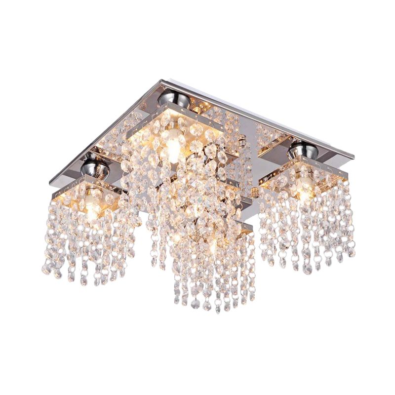 Modern Cubic Ceiling Mount Light Fixture 4-Light Clear Crystal Chain F