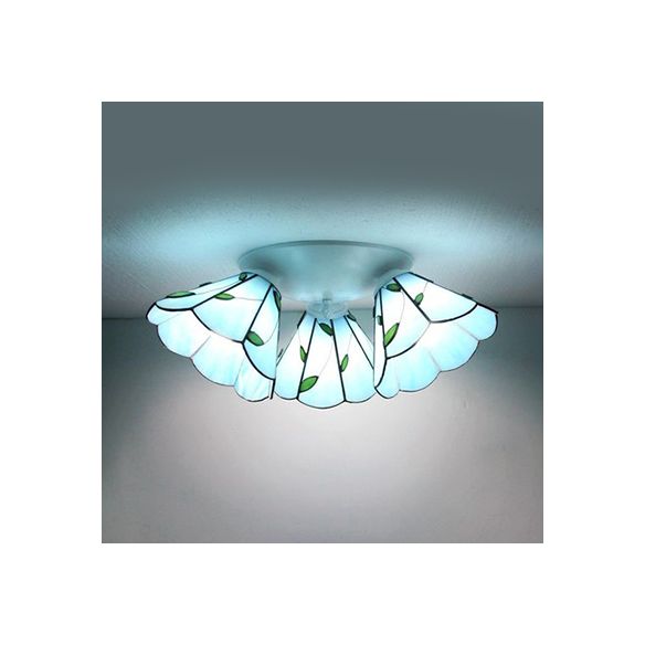3 Heads Domed Ceiling Light Fixture with Magnolia/Leaf/Gem Pattern Vin