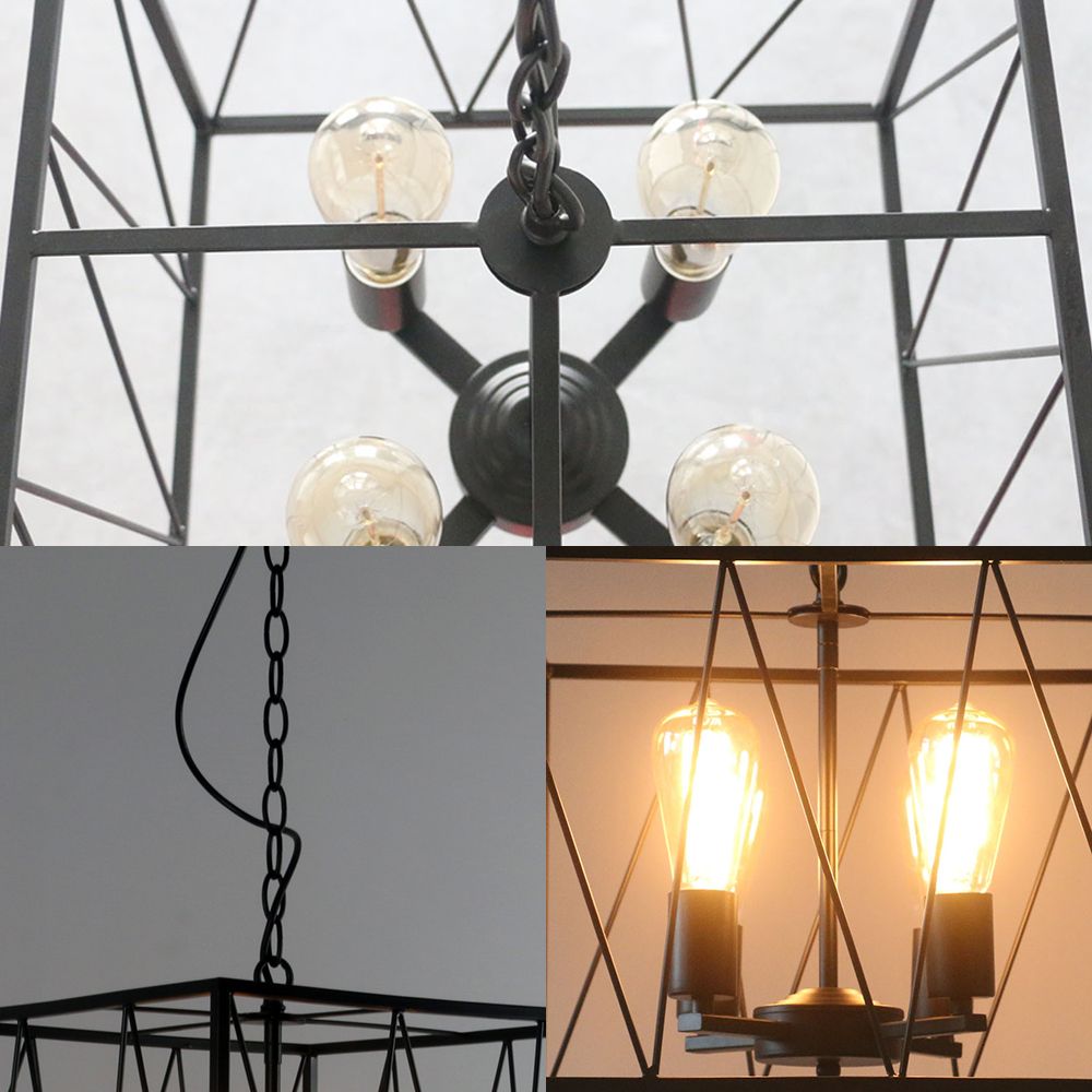 Black Cuboid Wire Frame Pendant Vintage Iron 4 Heads Dining Room Hangi