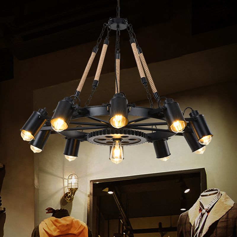Rustic Wheel Suspension Spotlight Iron Chandelier Light with Hemp Rope