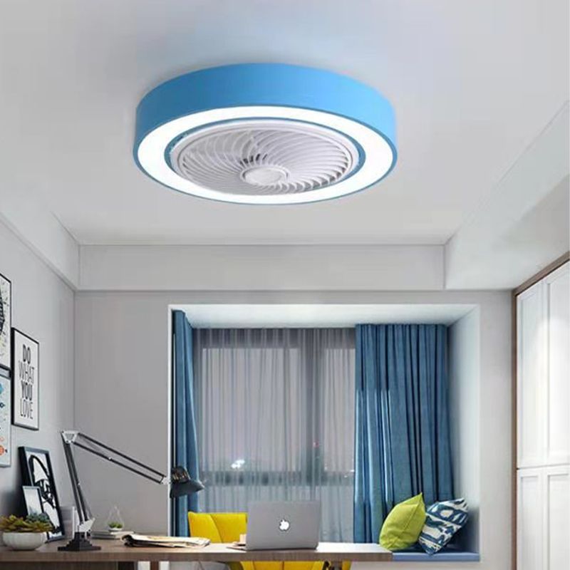 Drum Shaped Dining Room Fan Light Acrylic Macaron Style LED Semi Flush