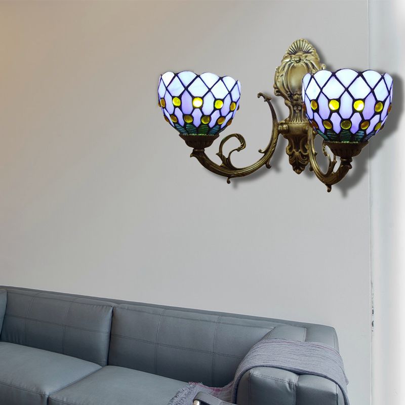 Blue Lattice Domed Wall Scone Two Lights Classic Tiffany Stained Glass