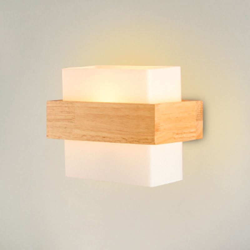 Modern Wood Wall Sconce Rectangle Shape Wall Light with Glass Shade fo