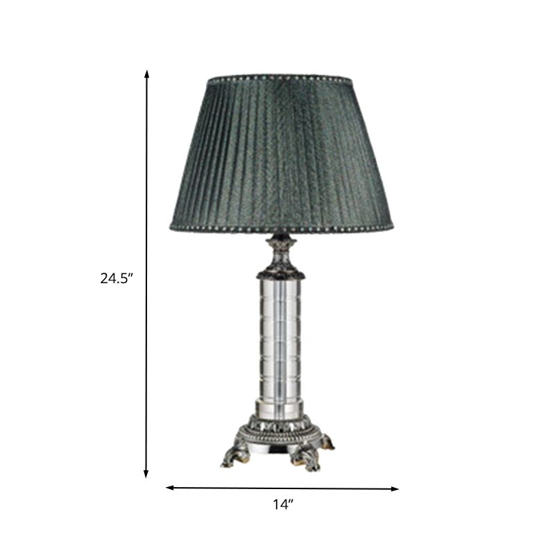 Pleated Fabric Table Lamp Modern 1 Head Green Desk Light with Carved B