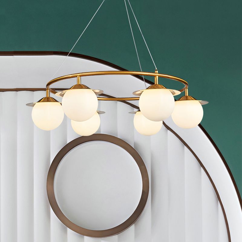 Gold Sphere Chandelier Lighting Modernist 6 Bulbs White Glass Ceiling