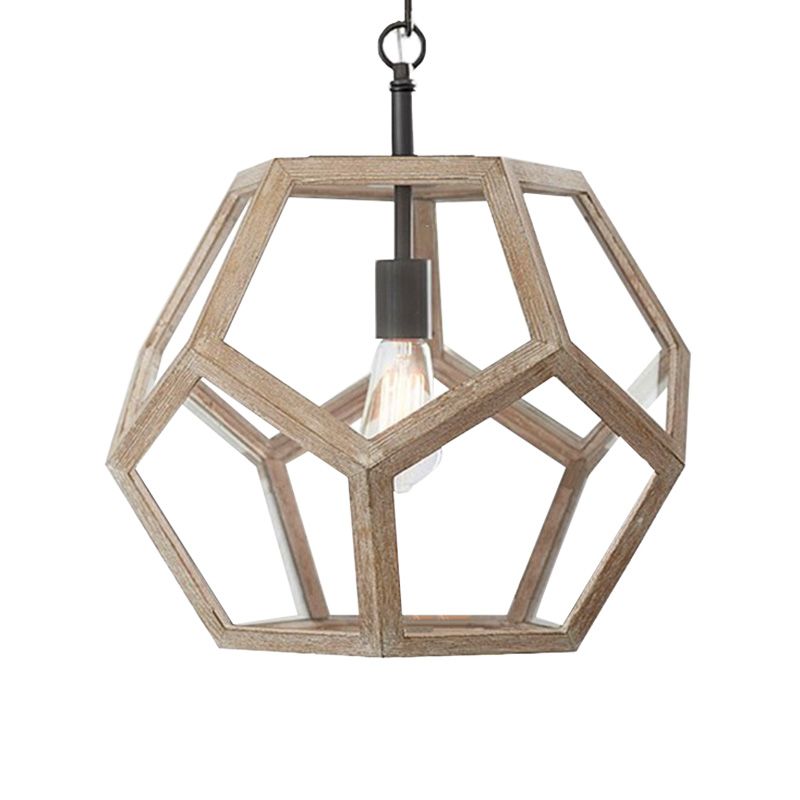 Polygon Beige Wood Pendant Light Fixture Farmhouse 1 Light Corridor Ha