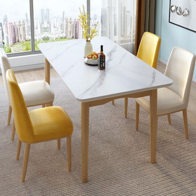 Modern White Rectangle Stone Dining Table with 4 Solid Wood Foot