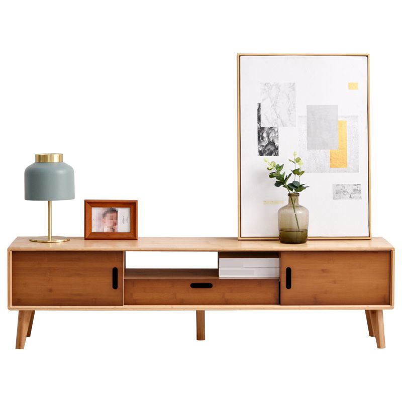 15" H Bamboo TV Stand , 2 Doors And Open Shelf TV Console with Sliding
