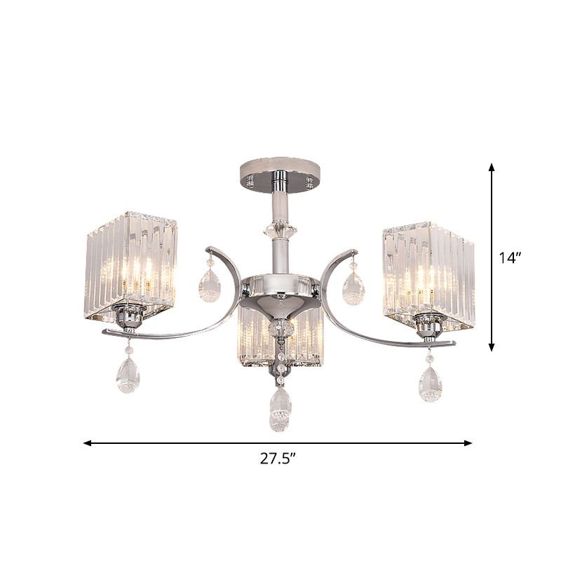 Crystal Prisms Cuboid Ceiling Light Simple 3 Heads Chrome Semi Flush C