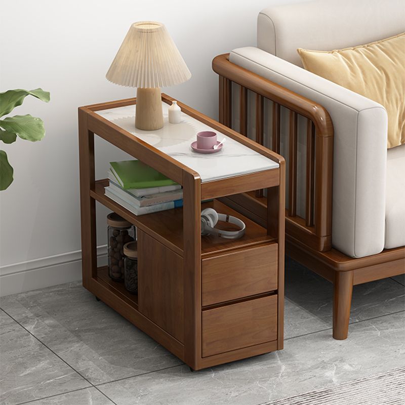 Solid Wood Accent Side Table 4 Legs with Storage Living Room Rectangul
