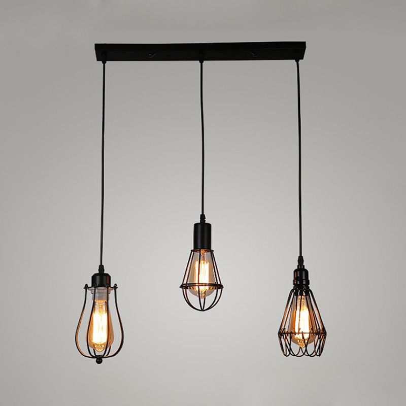 3 Lights Cage Drop Ceiling Light Farmhouse Black Metallic Mini Pendant