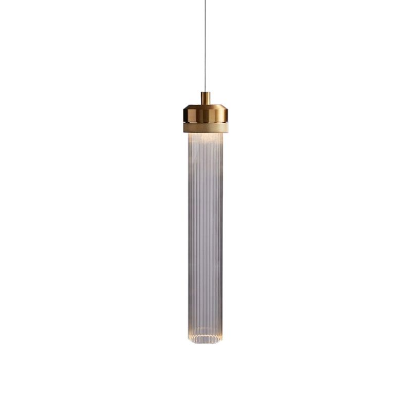Clear Fluted Glass Tube Pendant Light Simplicity 1 Bulb Gold Hanging C