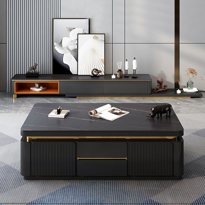 Wooden Block Cocktail Table with Drawers Glam Slate Top 4-Door Coffee