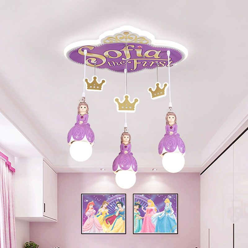 Purple Princess Crown Ceiling Light Cartoon 3 Heads Metal Cluster Pend