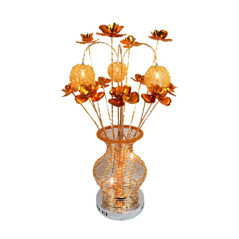 Gold Vase and Floret Table Lamp Art Deco Aluminum Wire LED Bedroom Nig