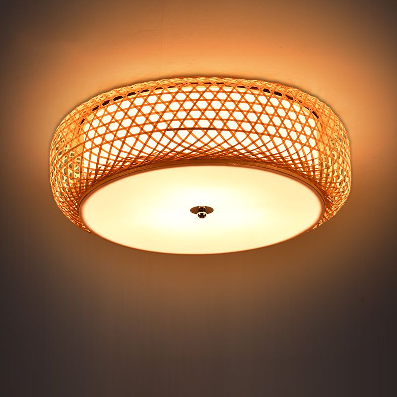 Wood Cylinder/Donut Flush Mount Lamp Traditionary Bamboo LED Ceiling M