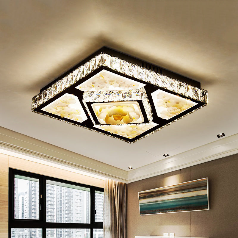 Squared Bedroom Ceiling Flush Hand-Cut Crystal LED Simplicity Flushmou