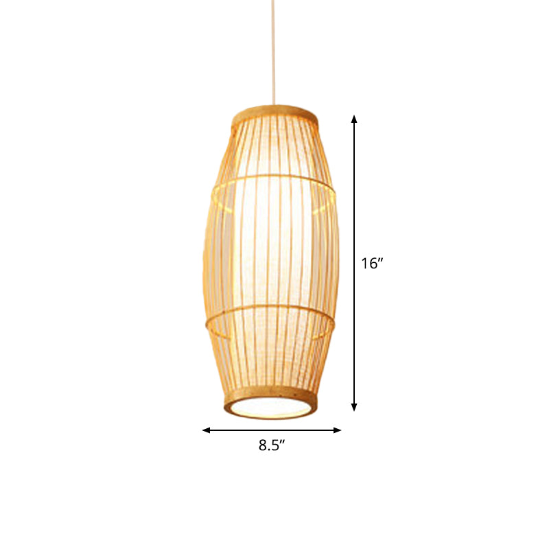 Elliptical Hanging Pendant Light Asian Bamboo 1 Bulb Living Room Small