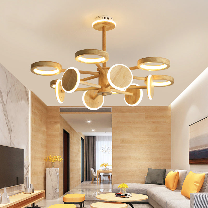 Japanese Radial Chandelier Light Wooden Living Room LED Hanging Light