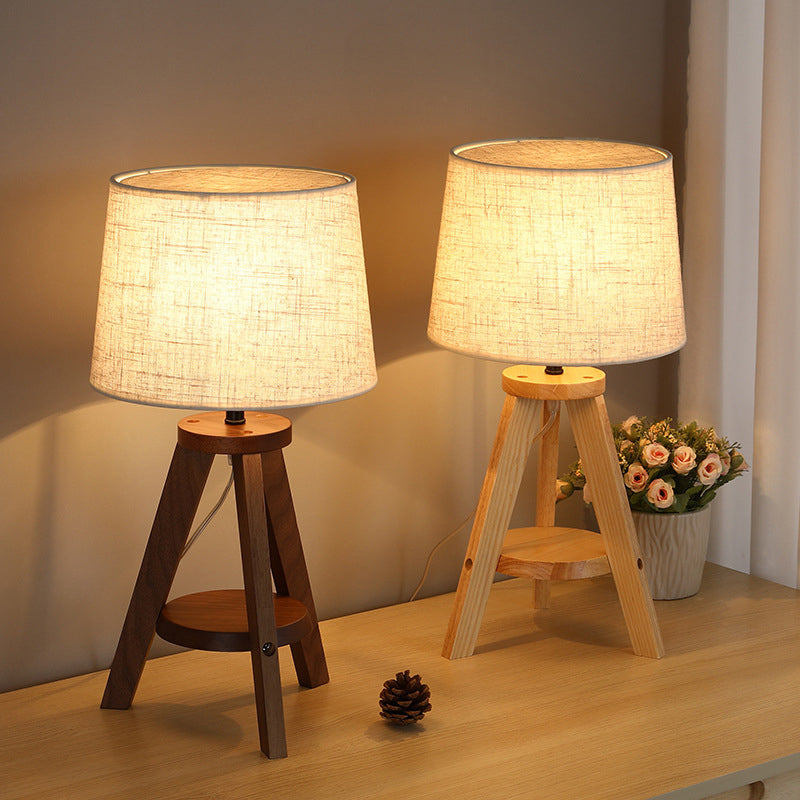 Simple Drum Table Lamp Fabric Single-Bulb Bedroom Night Table Light wi