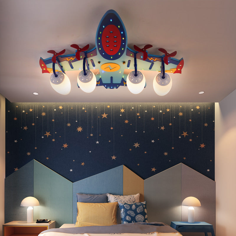 Aircraft Wood Ceiling Light Fixture Kids 4 Bulbs Blue Flush Mount Lamp
