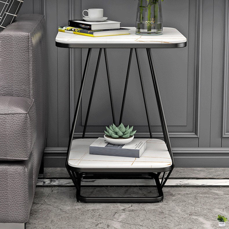 Glam Metal Night Table Stone Top 24'' Tall Open Storage Nightstand wit