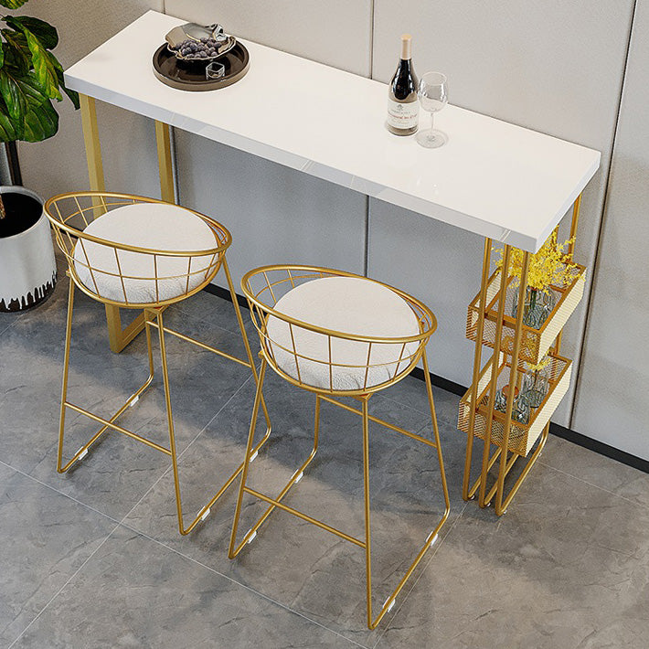 White Top Bar Table with Storage Base Glam Pub Table with Gold Metal F