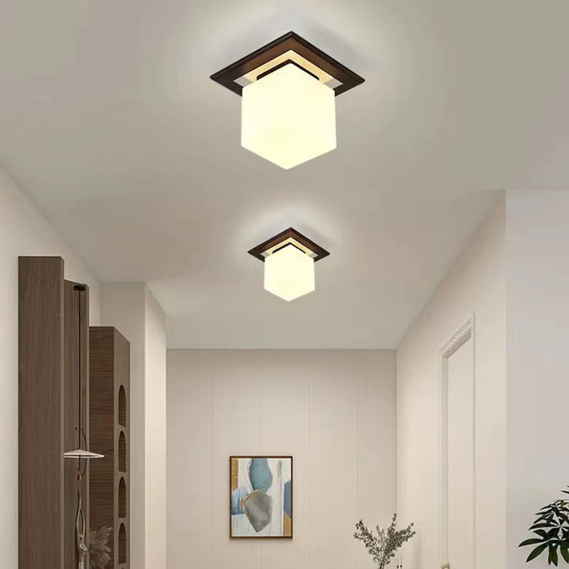 Modern Wood Flush Mount Square Shape Ceiling Light with Glass Shade fo