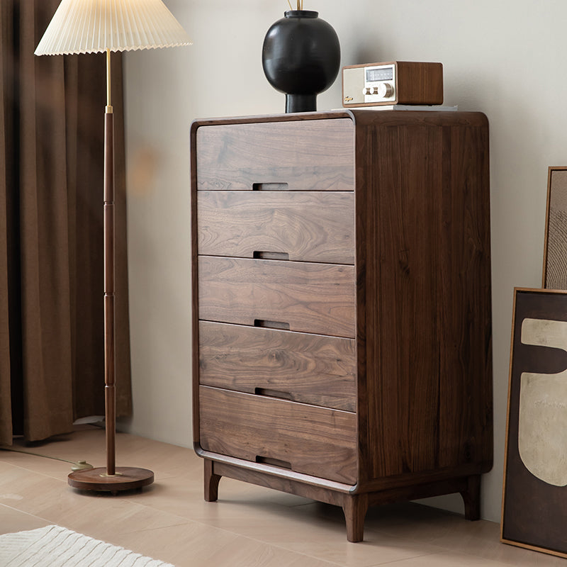 Mid-Century Modern Walnut Chest with 5 Drawers Rectangle Chest