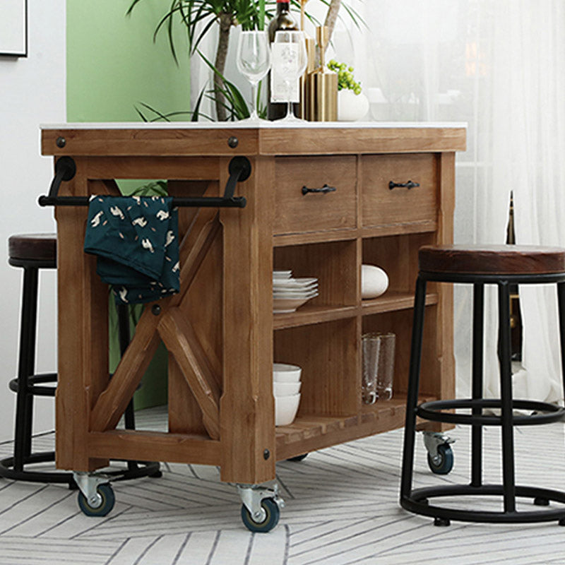 Modern Kitchen Island Table Pine Wood Prep Table with Towel Rack