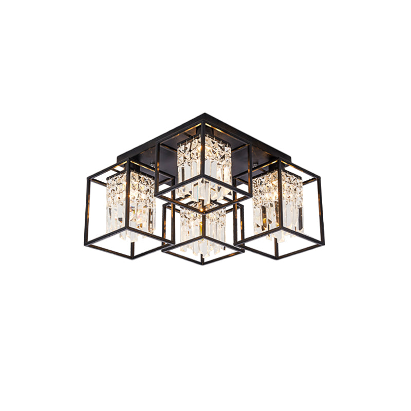 Cuboid Shade Semi Mount Lighting Modernist 4 Lights Black Flush Ceilin